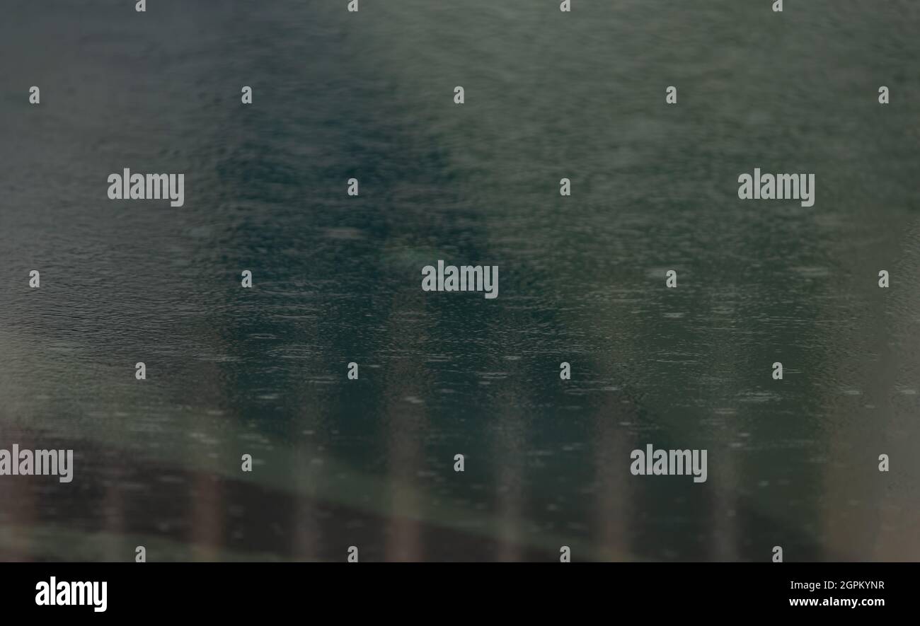 Rain drops falling in the swimming pool. Water surface for background ...