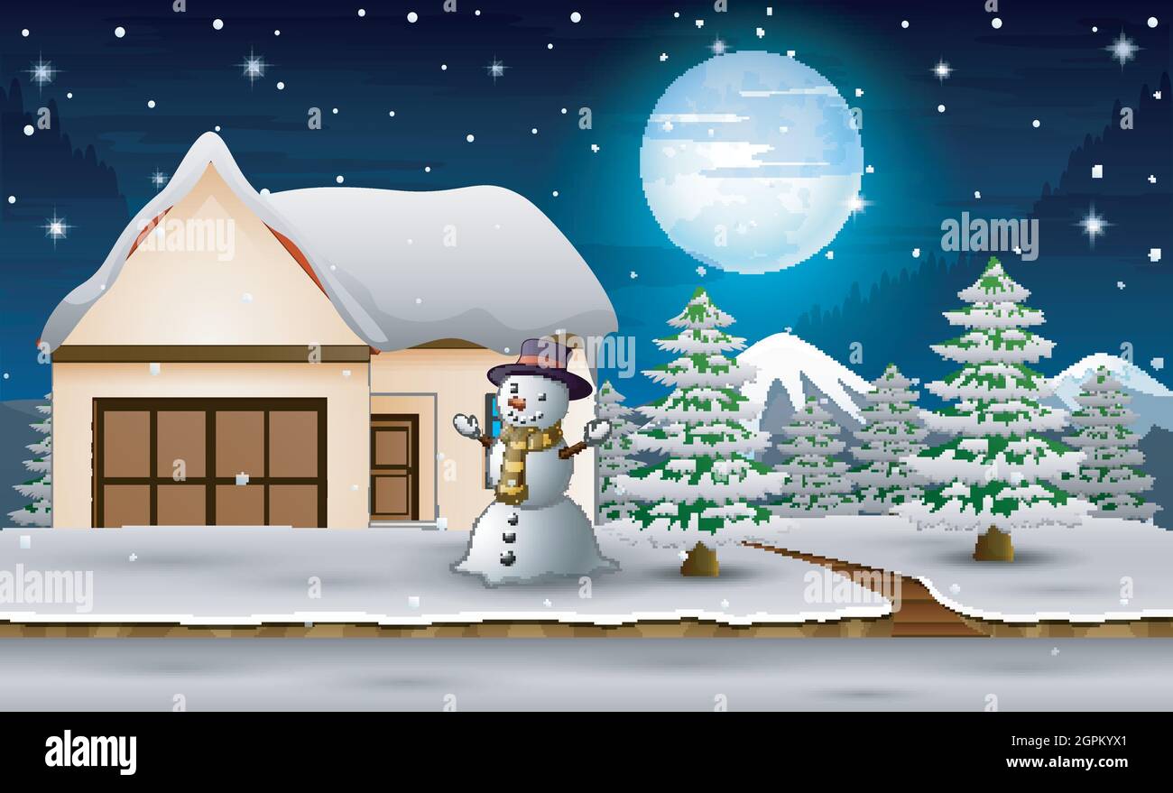 Cute snowman standing next to home in the night Stock Vector Image ...