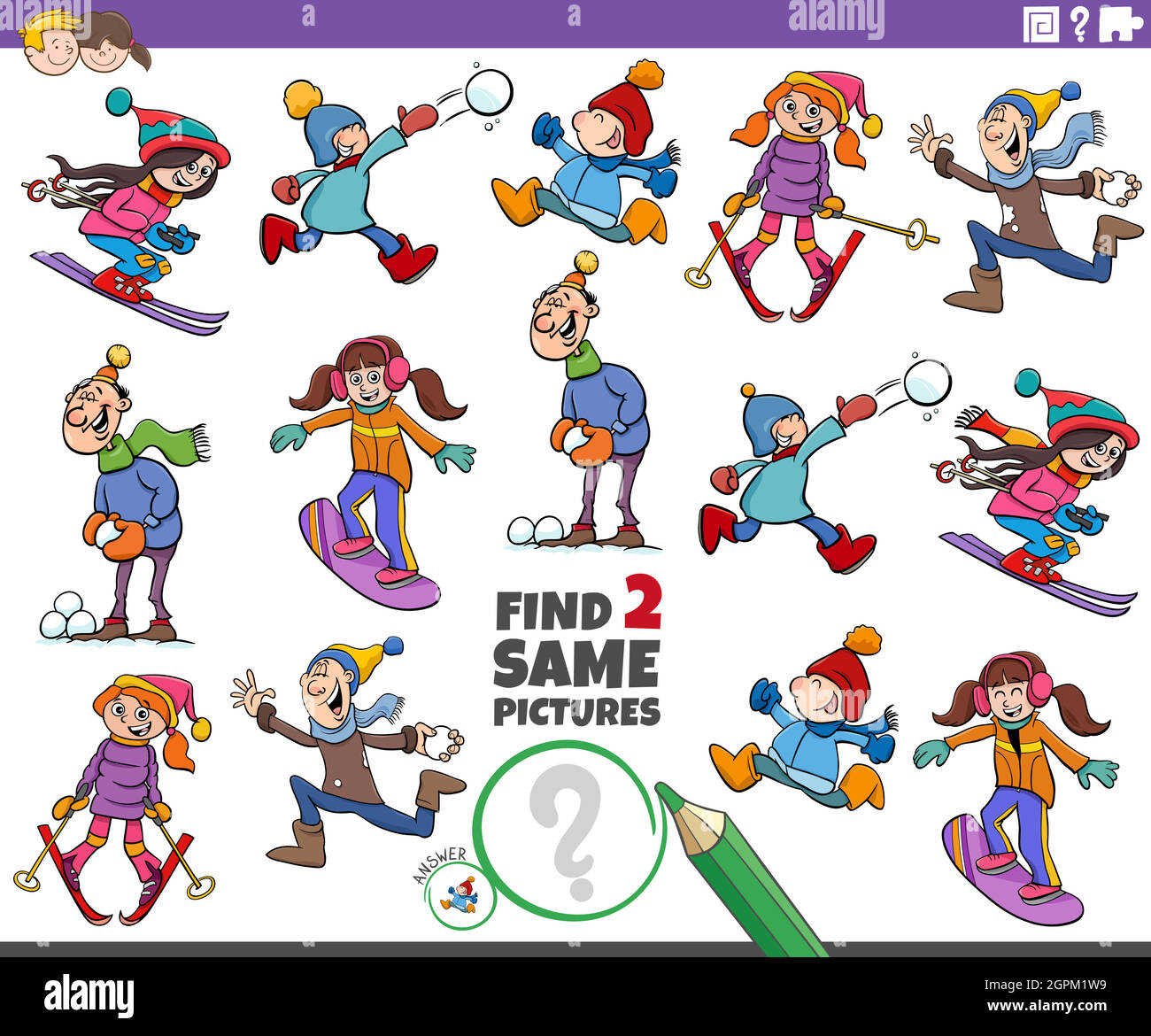 find two same cartoon kids on winter time educational game Stock Vector ...