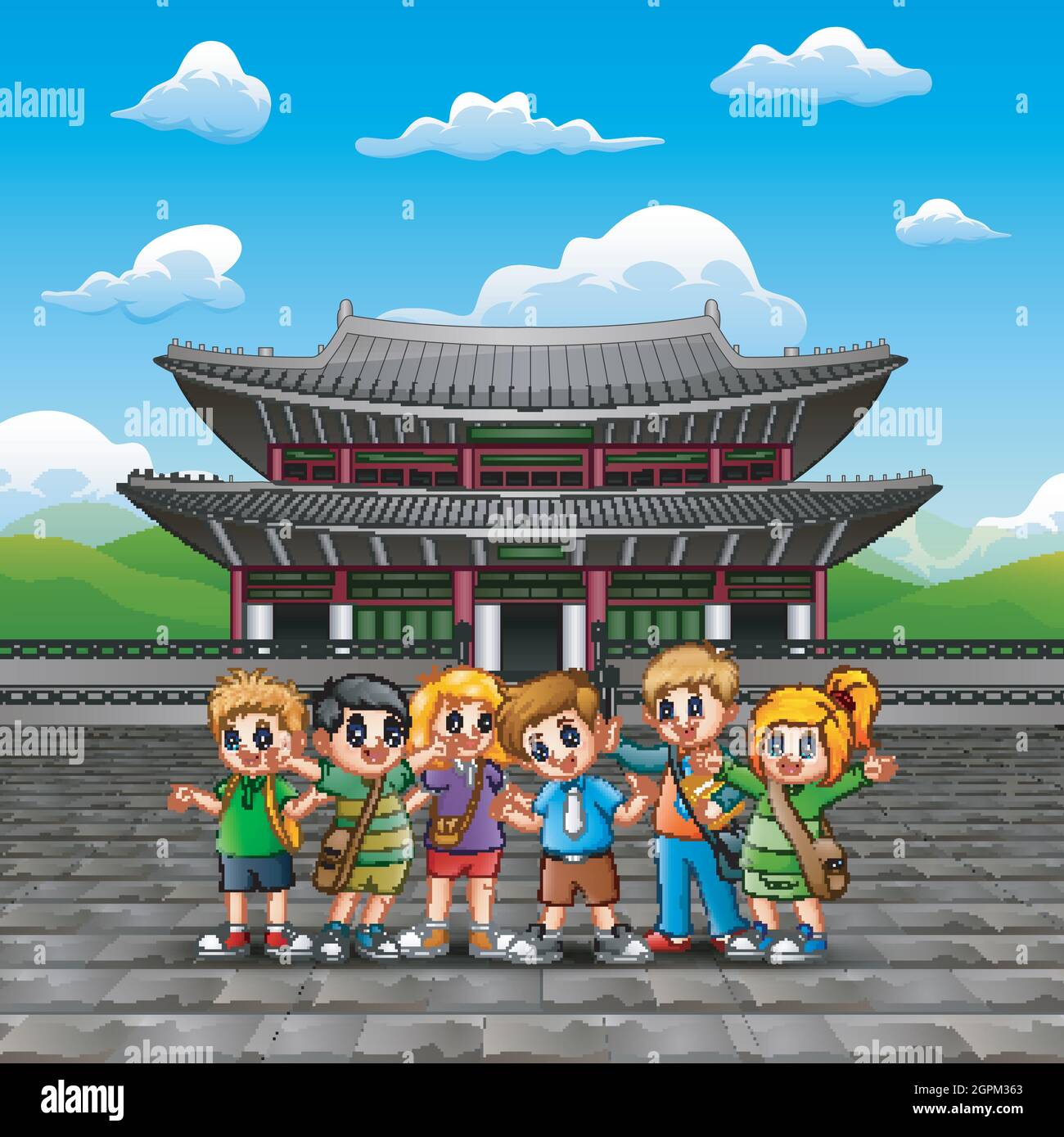 Cartoon of happy kids study tour in Changdeokgung palace Stock Vector ...
