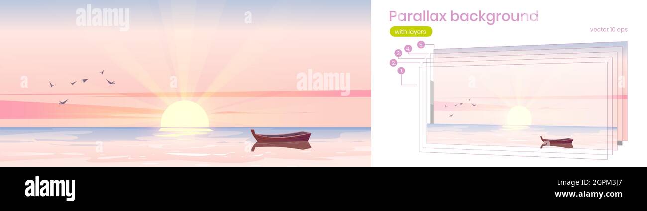 Sea landscape with wooden boat at sunrise. Vector parallax background ...