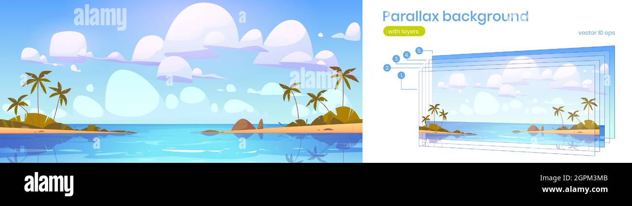 Tropical landscape with sea bay and palm trees on beach. Vector ...