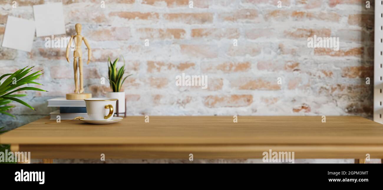 Space for montage product display over wooden tabletop with accessories ...