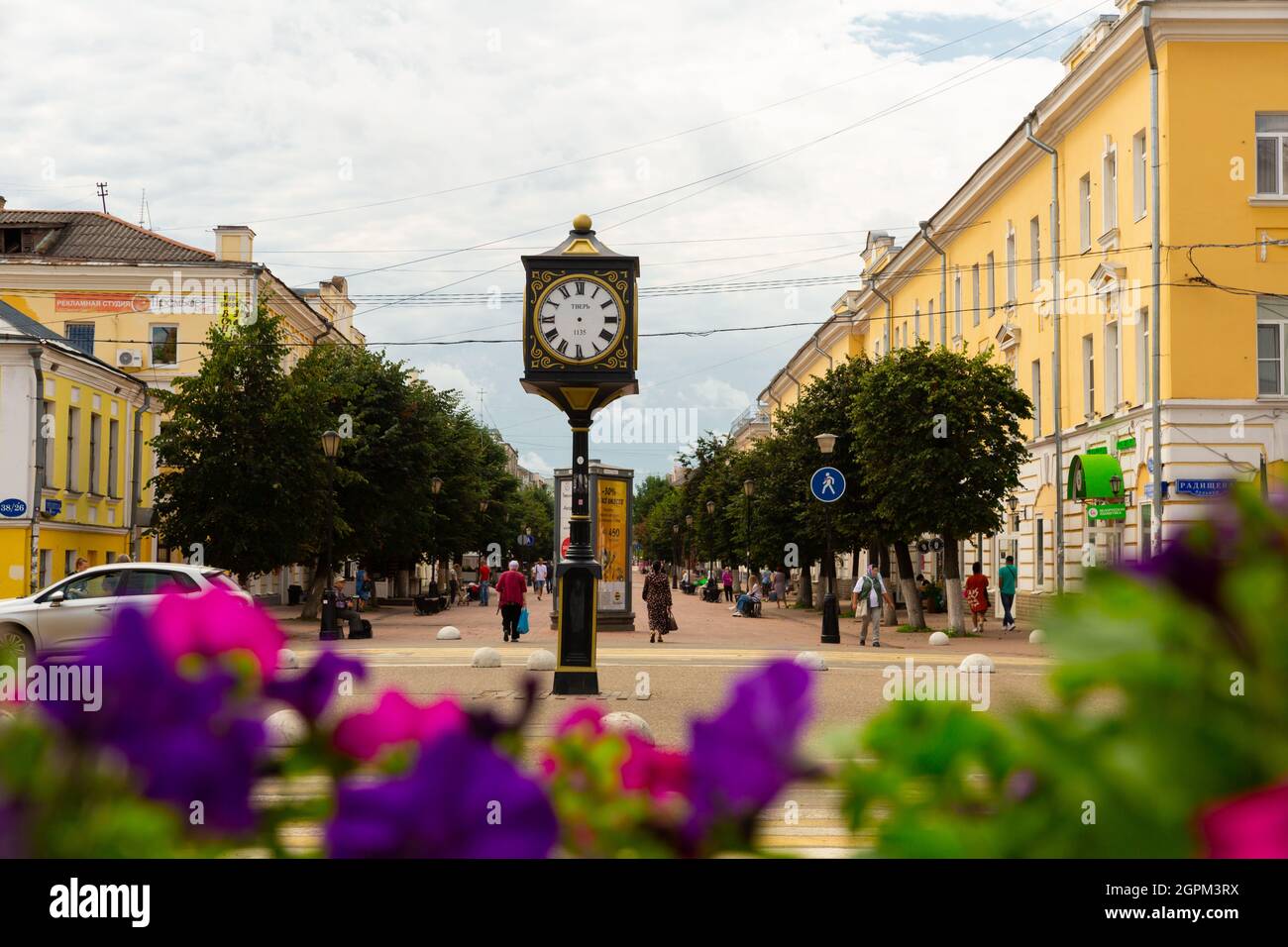Tver, Russia - August 19, 2021: Pedestrian street Trekhsvyatskaya in center of city of Tver ...