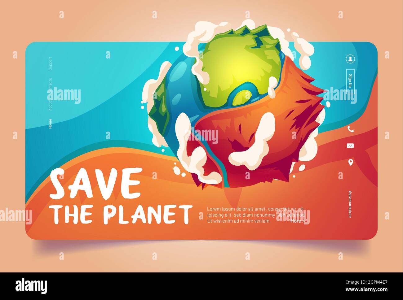 Save the planet cartoon landing page, earth globe surface with ...