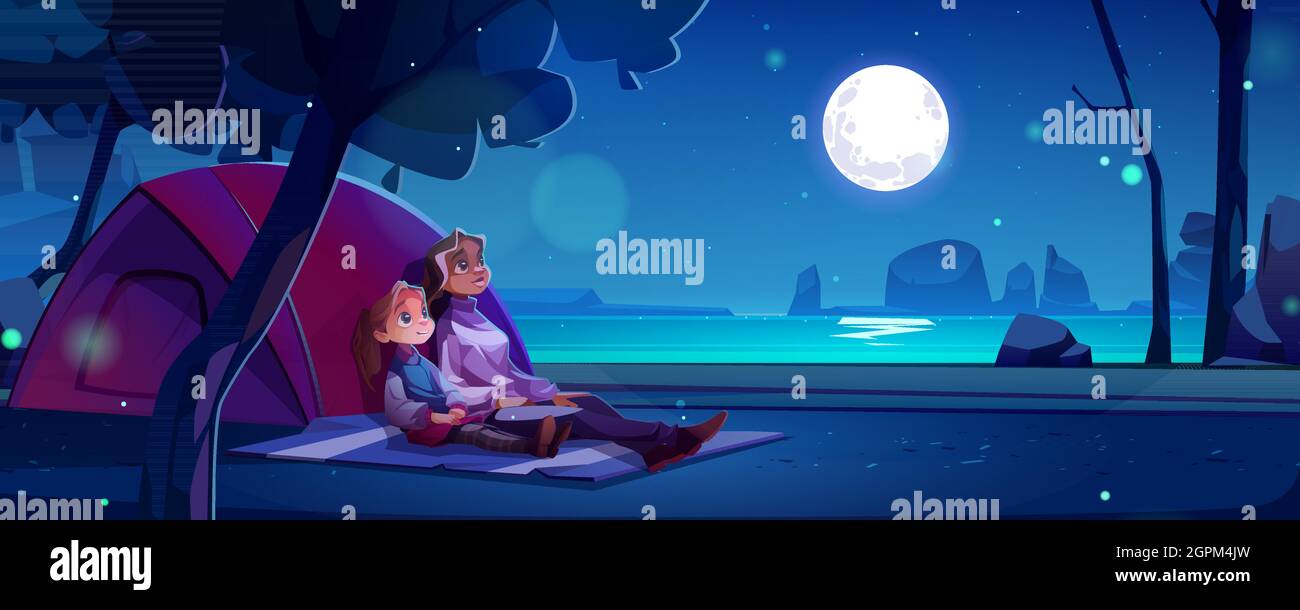 Summer camp with woman and girl sitting on blanket at night. Vector ...