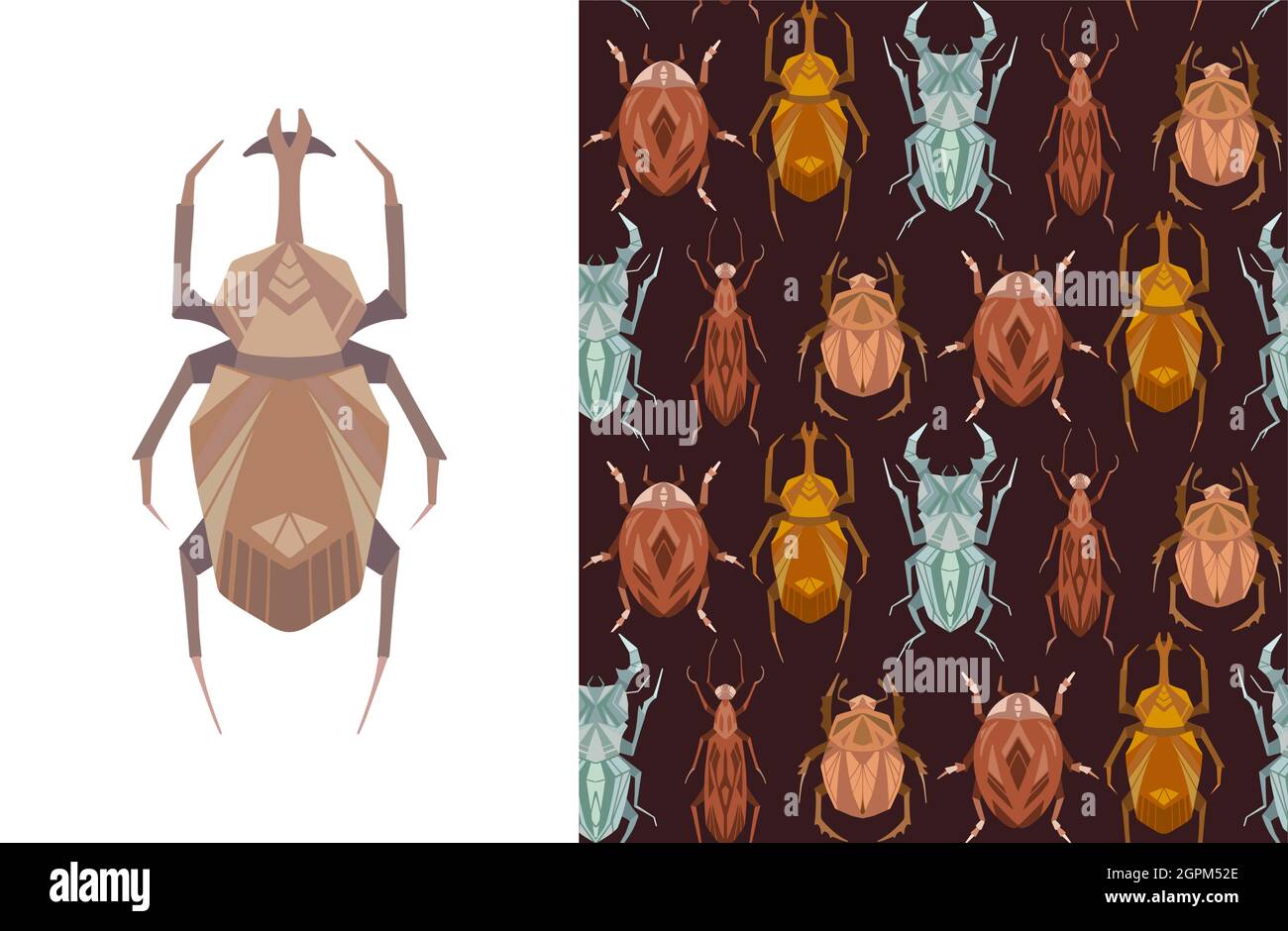 Set of card and seamless pattern with geometric insects on brown ...