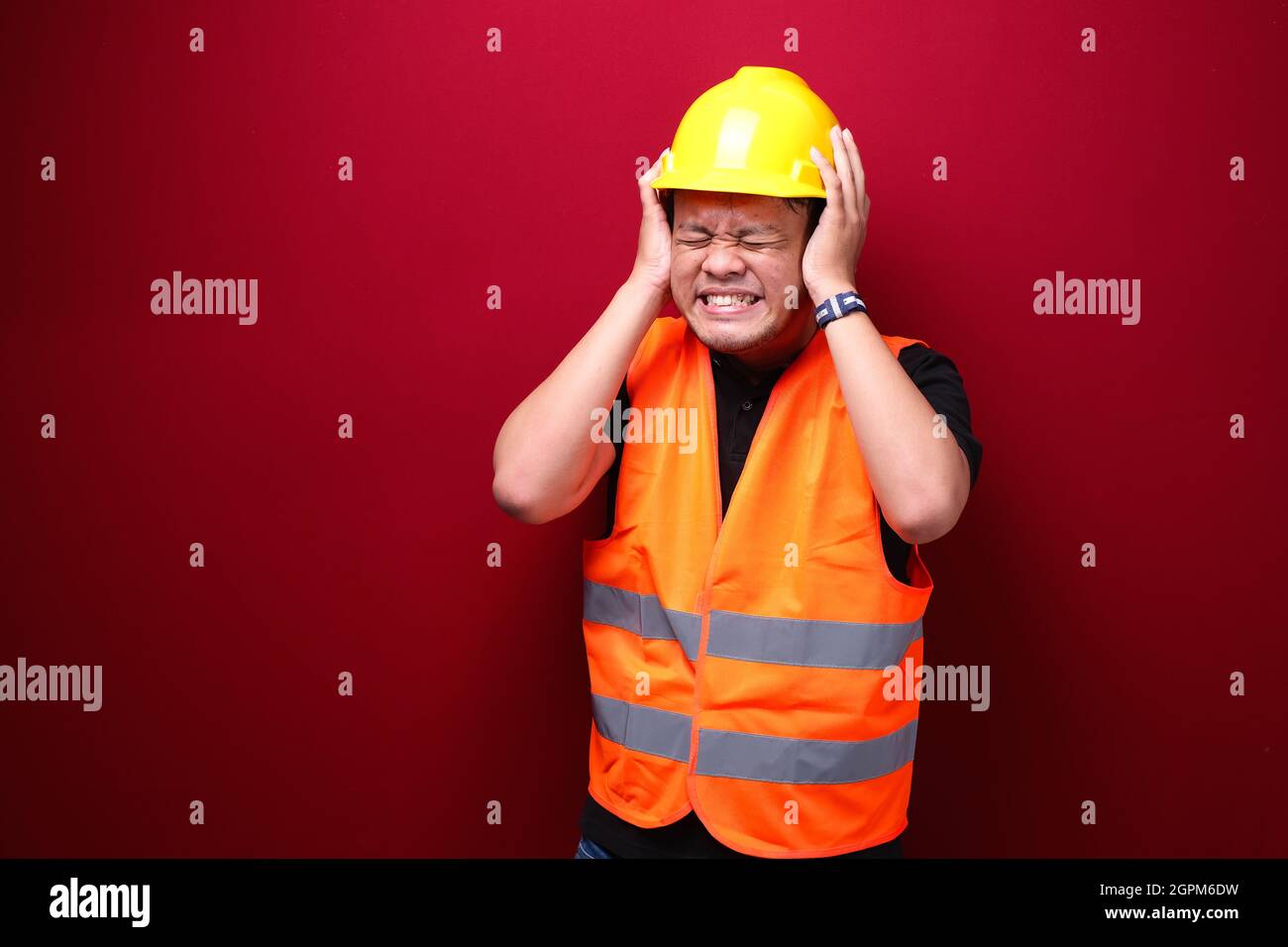 Confused and stress face of Young Asian man worker with hand gesture ...