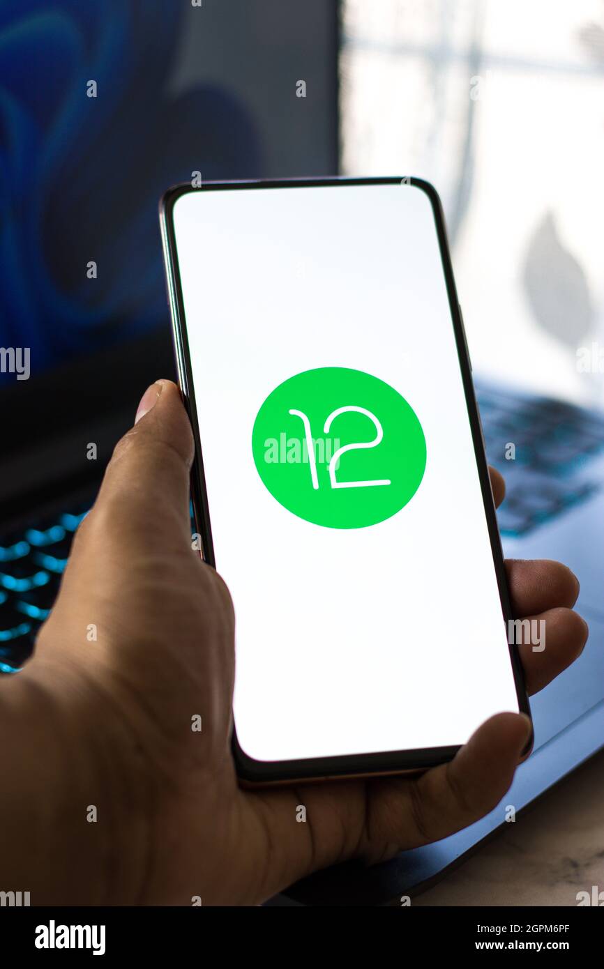 Assam, india - May 19, 2021 : Android 12 logo on phone screen stock ...