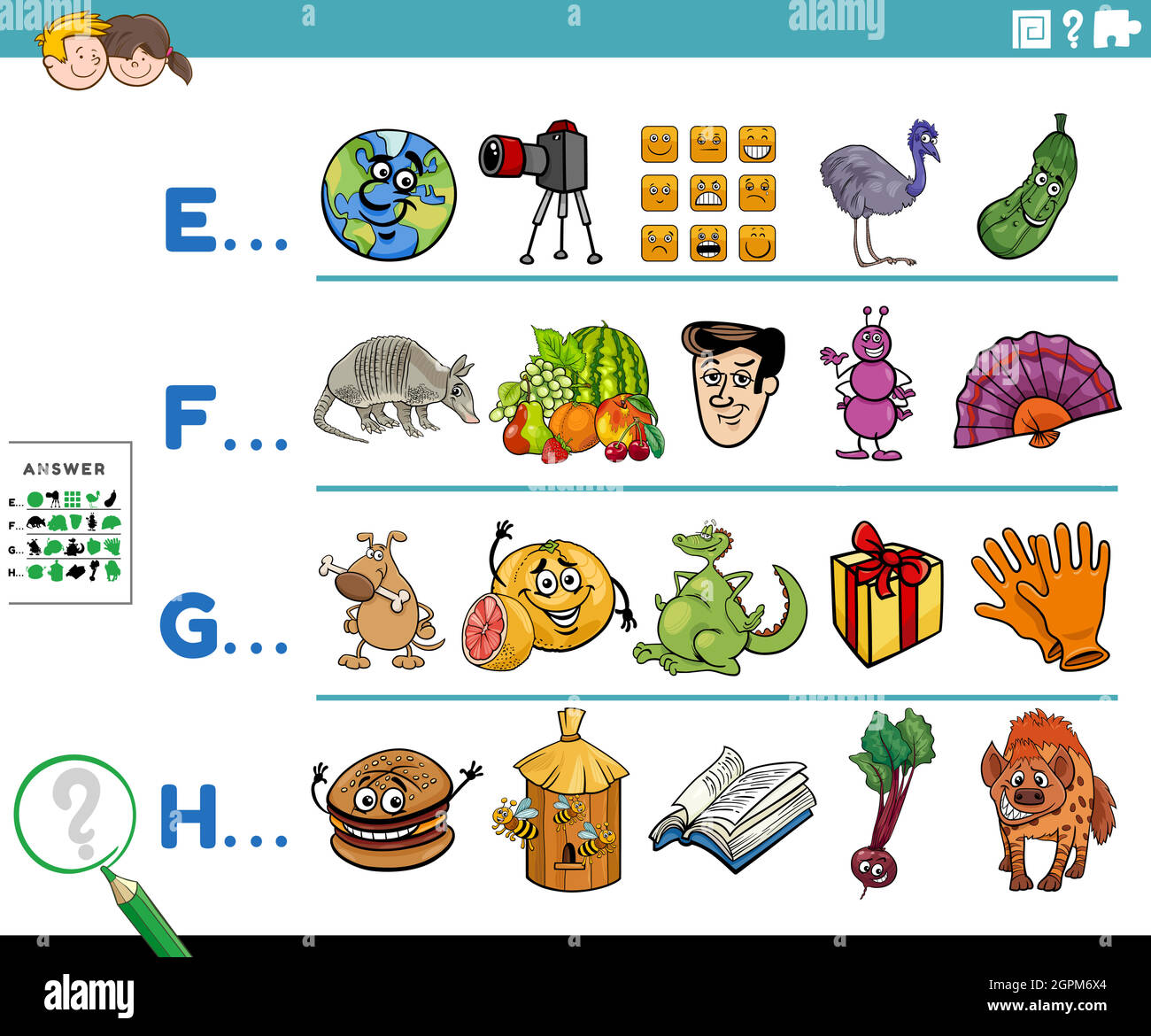 first letter of a word cartoon educational game for children Stock ...