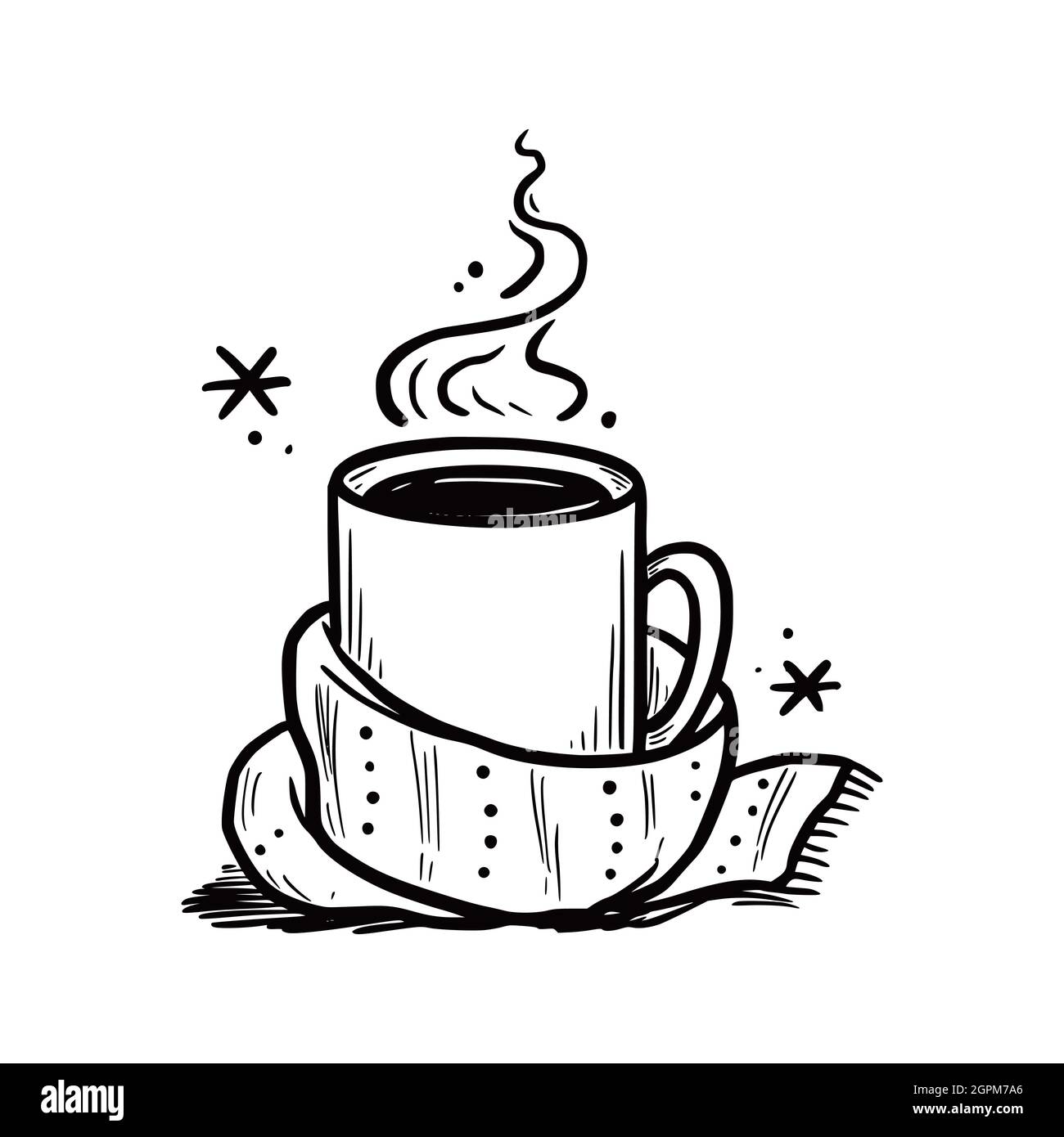 Hot winter drink cup with scarf. Warm coffee, tea, chocolate. Hand ...