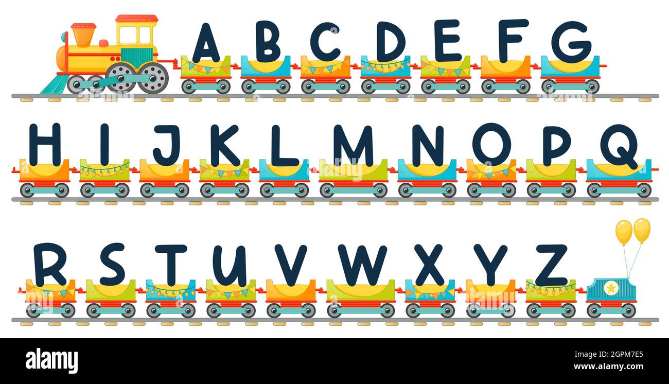 Train alphabet for kid in cartoon style. Capital letters only. Vector ...