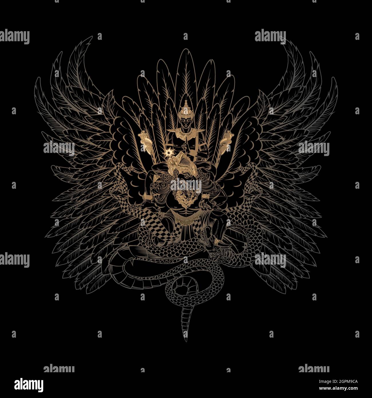 Balinese golden Garuda Bird and god Vishnu vector illustration line art style Stock Vector Image ...