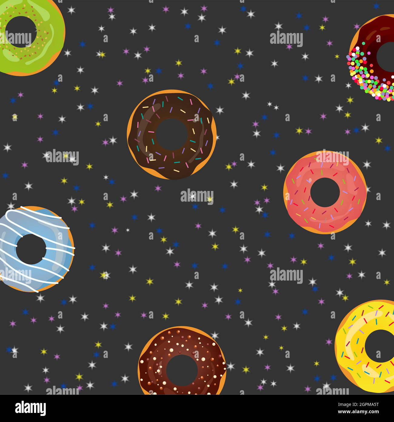 Vector donuts in space. Poster or postcard design, template for dessert ...