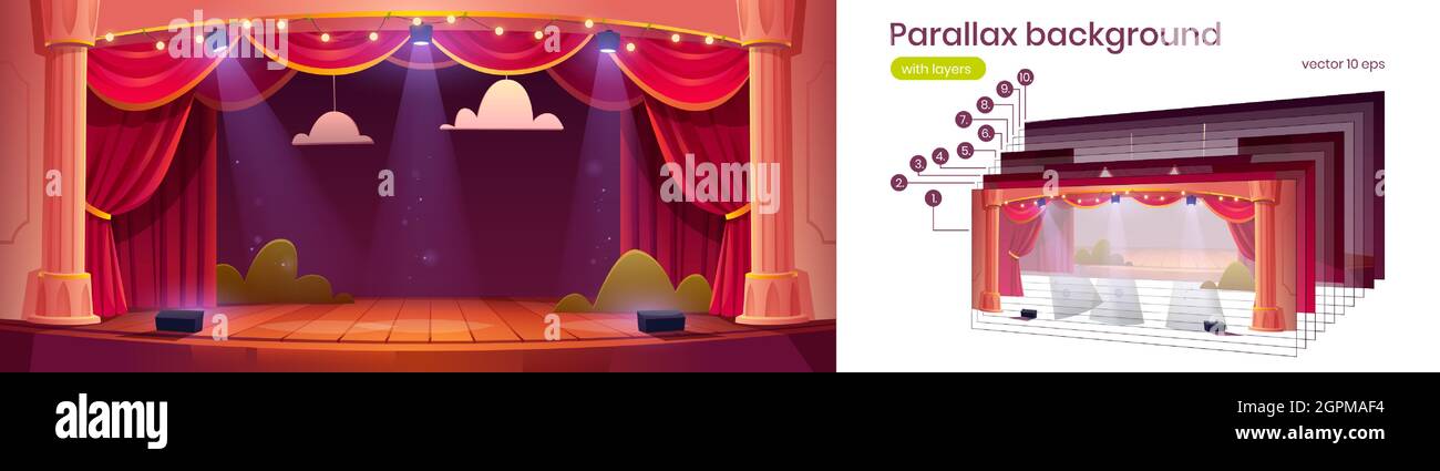 Parallax background for game, 2d cartoon theater stage with red ...