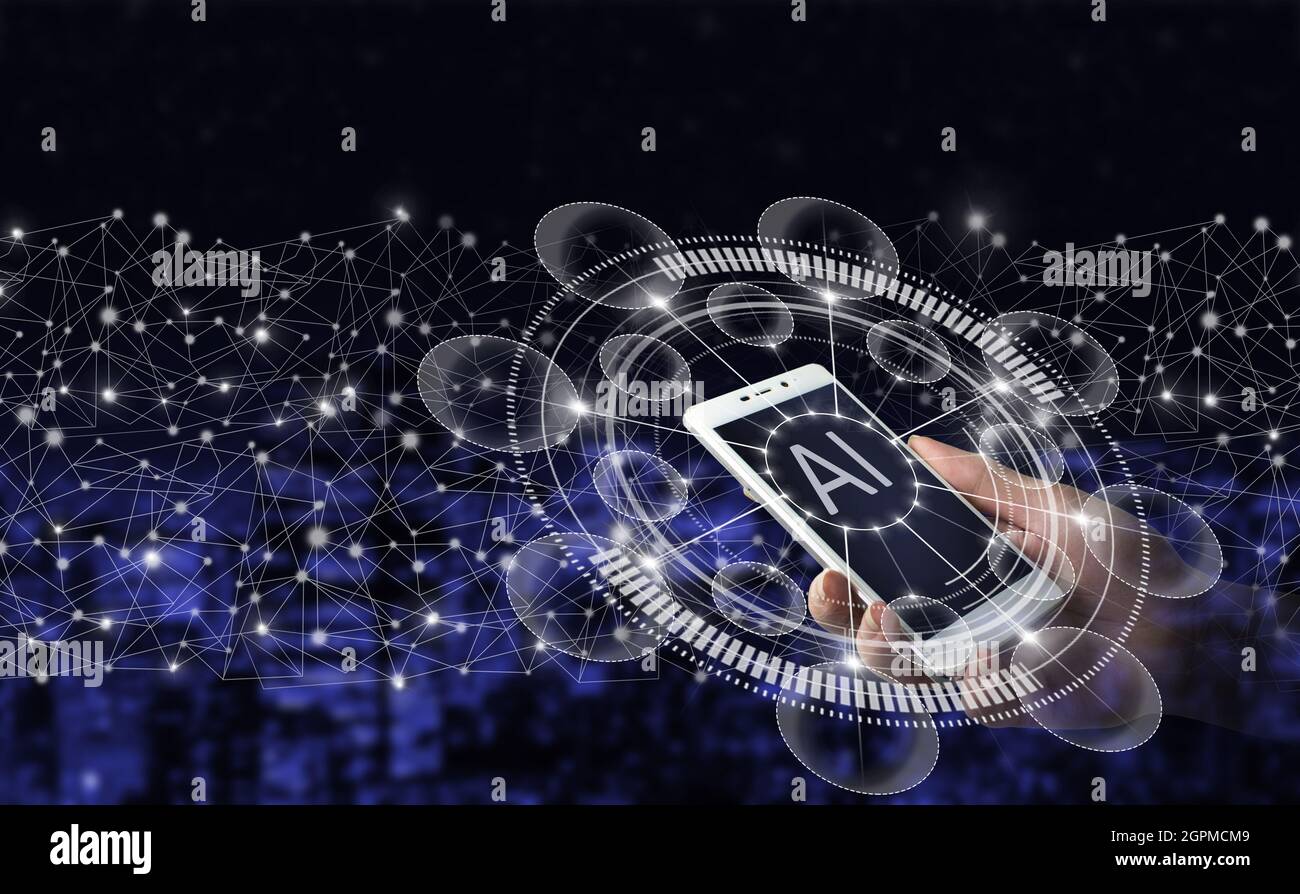 AI, Machine learning. Hand hold white smartphone with digital hologram ...