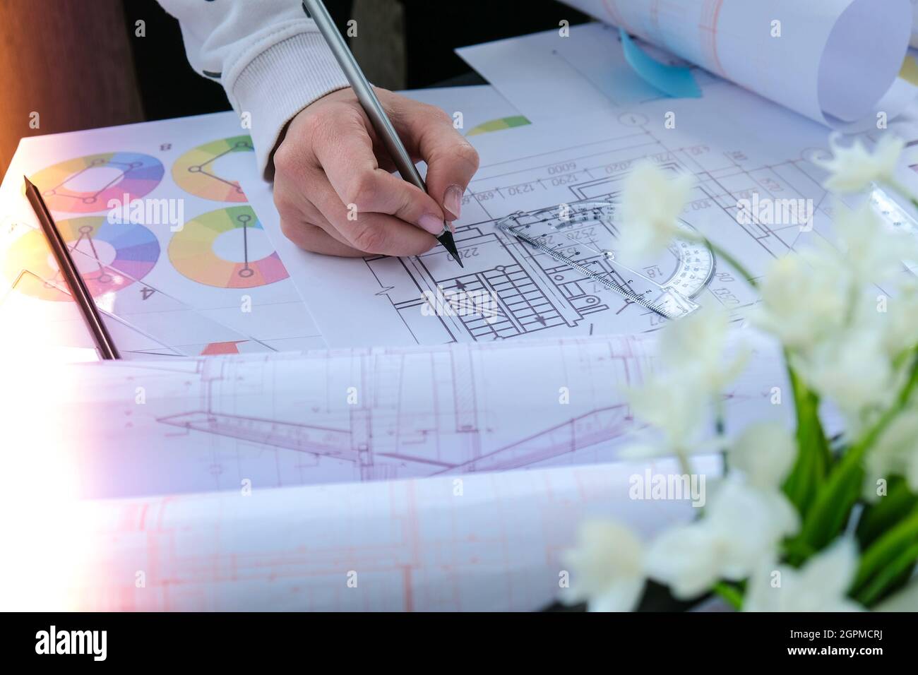 Female architect drafting blueprint ruler hi-res stock photography and ...