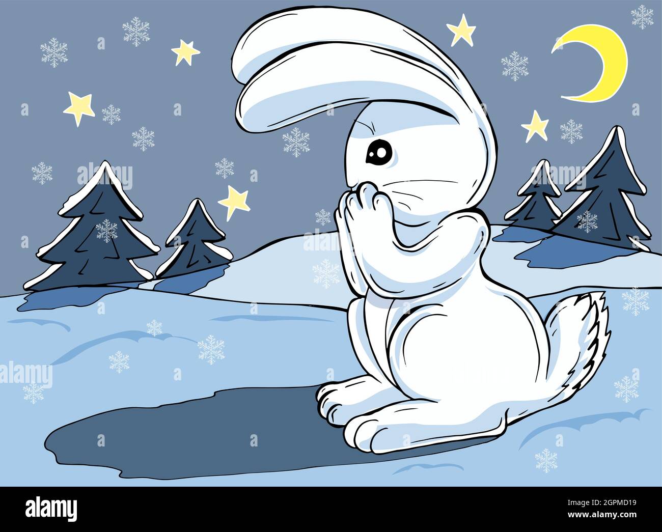 white Bunny winter, afraid, shadow, snowflake, landscape Stock Vector ...