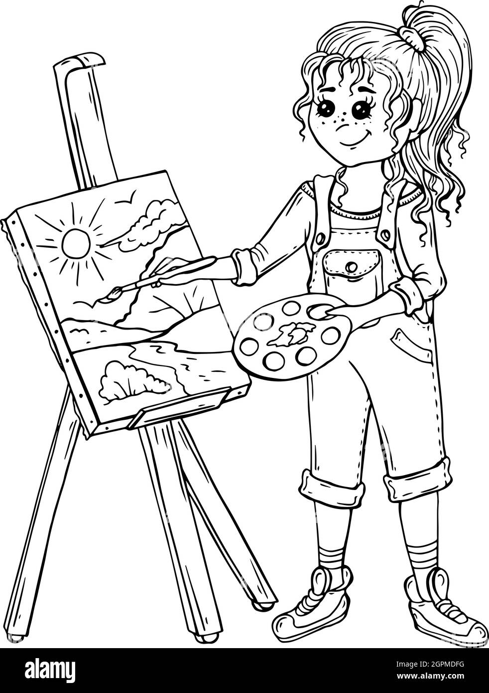 Artist girl painting on canvas Profession and occupation set. flat ...