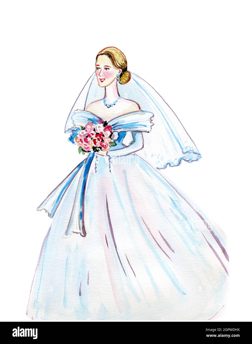 Watercolor Bride with bouquet of flowers and veil in white wedding ...