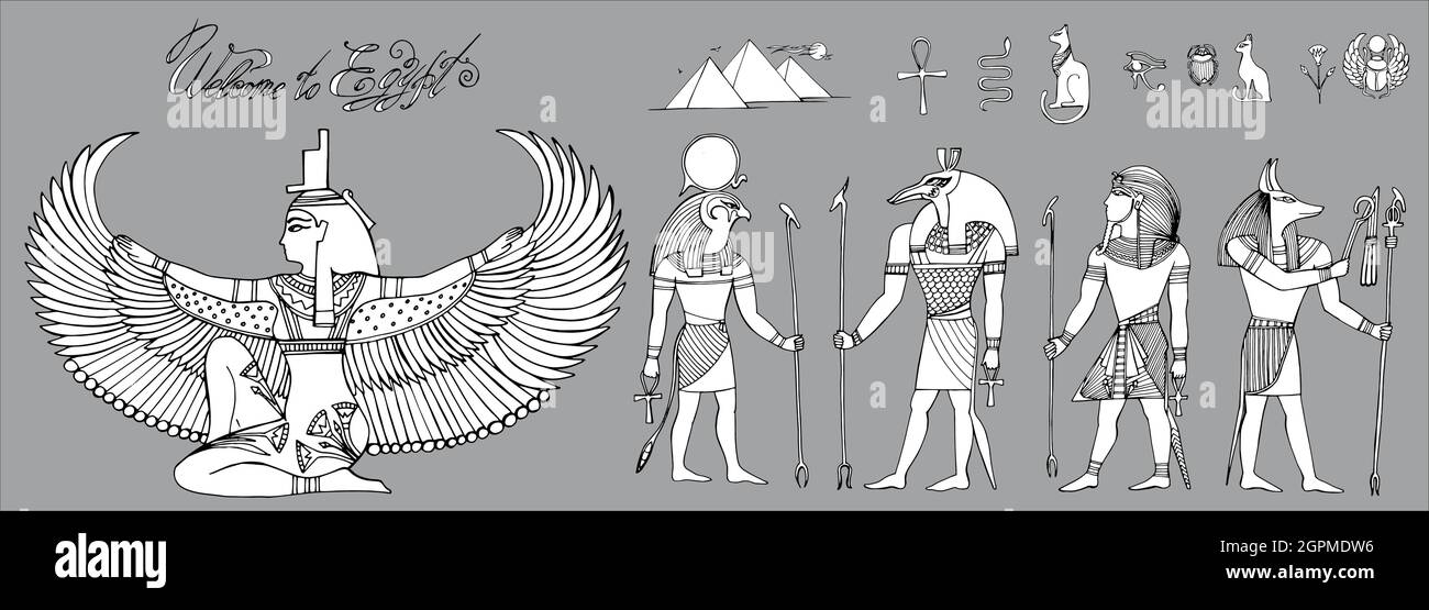 Series of vector graphic Egyptian illustrations. Egyptian gods Stock ...