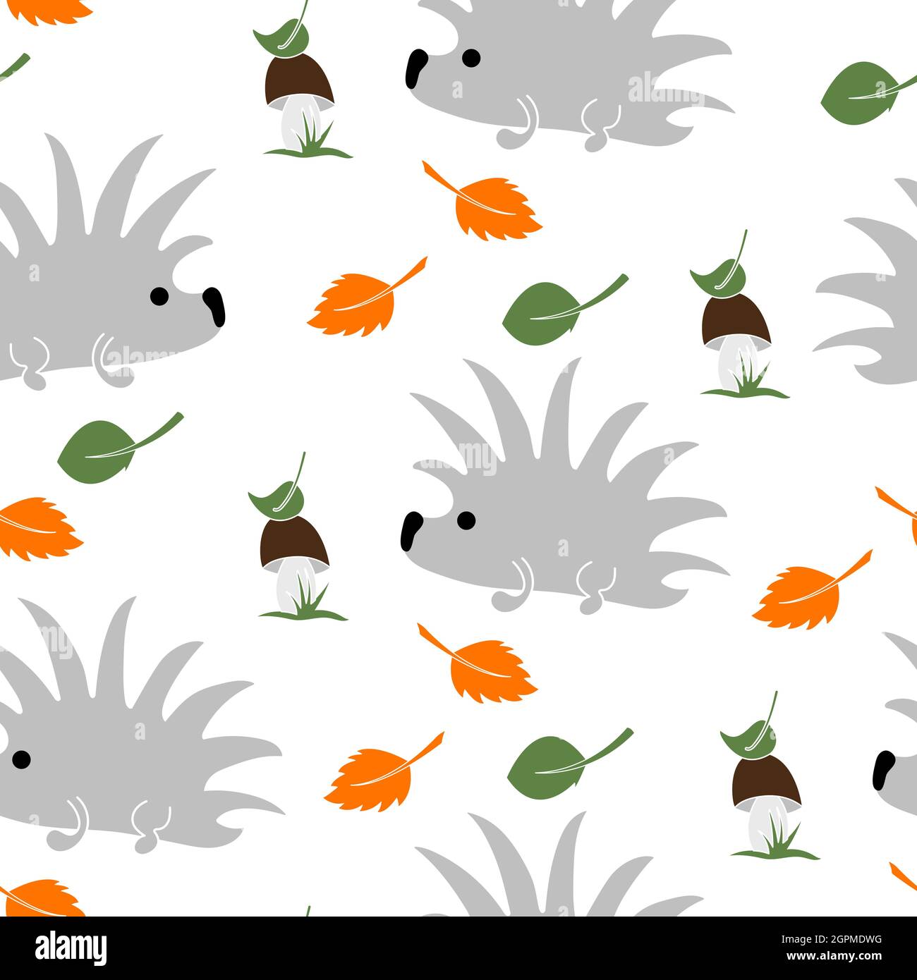 Funny hedgehog with mushroom and leaves seamless pattern on white ...