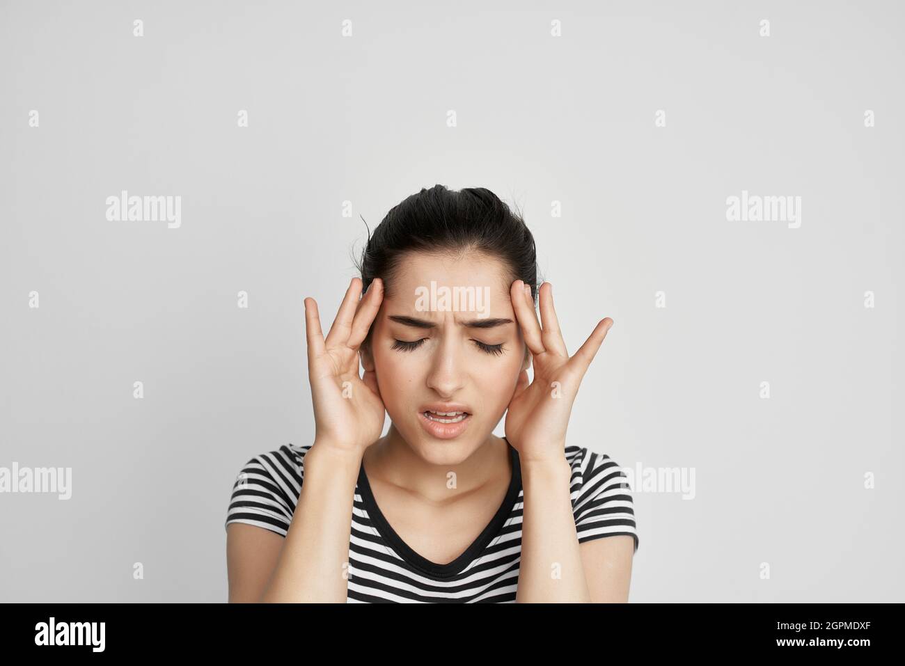 woman headache painful syndrome discomfort health problems Stock Photo ...