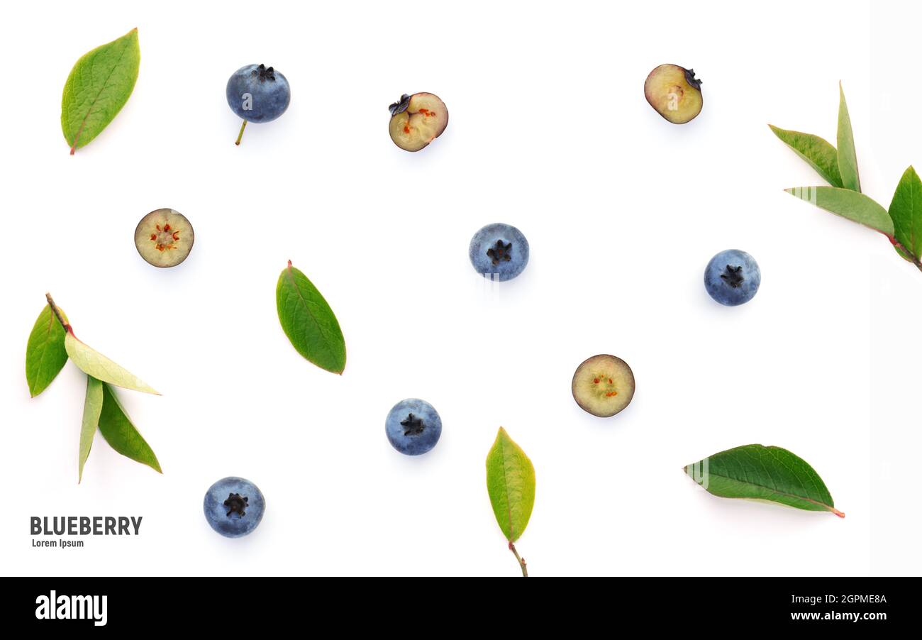 Fresh blueberries with green leaves, isolated on white background. Cut ...