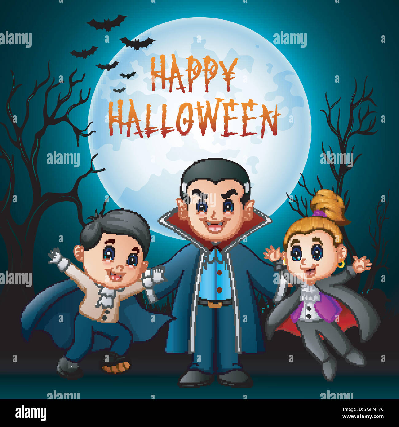 Funny cartoon vampire in halloween night spooky background Stock Vector ...