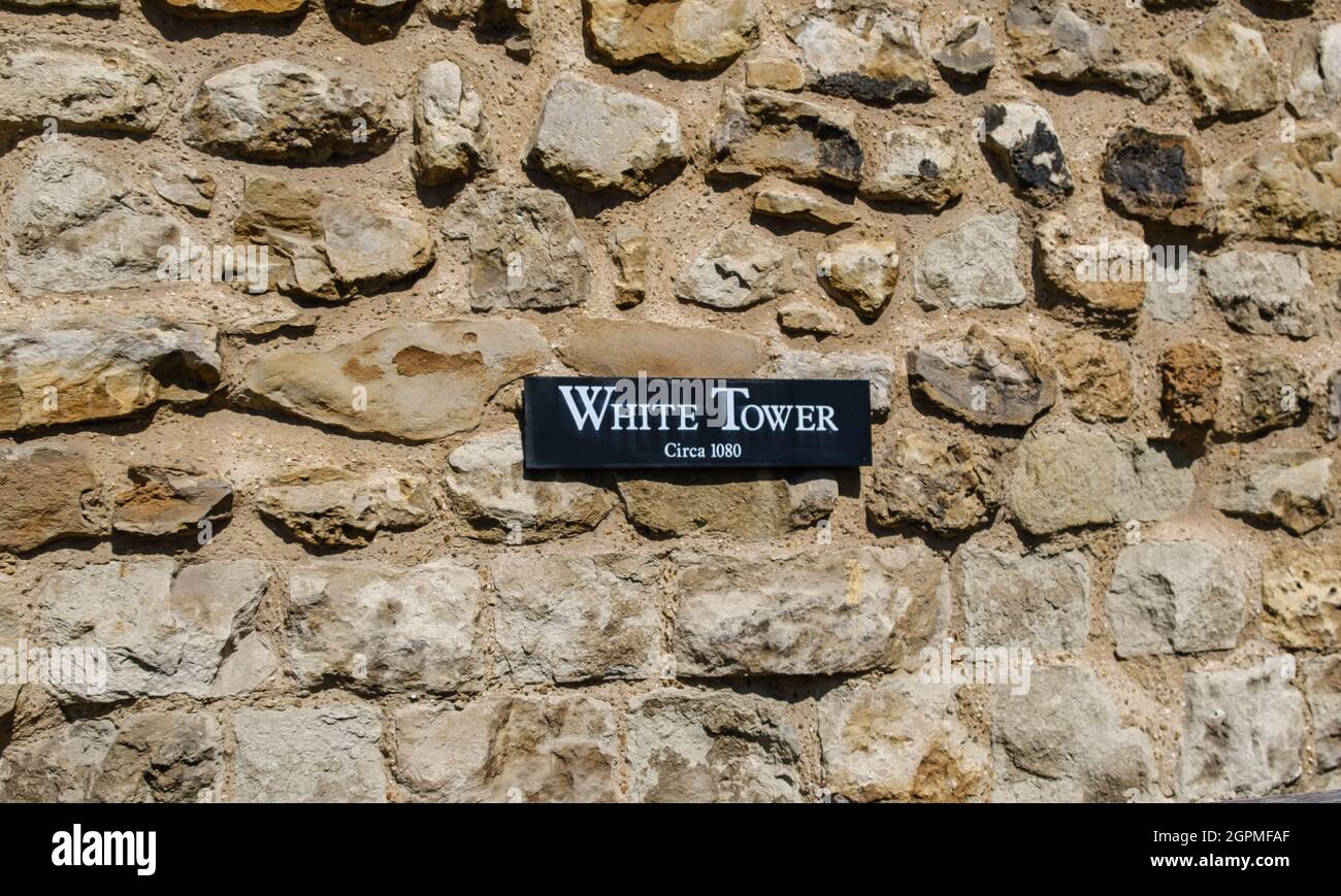 Close up of White Tower sign on the wall of this old keep, at the Tower ...