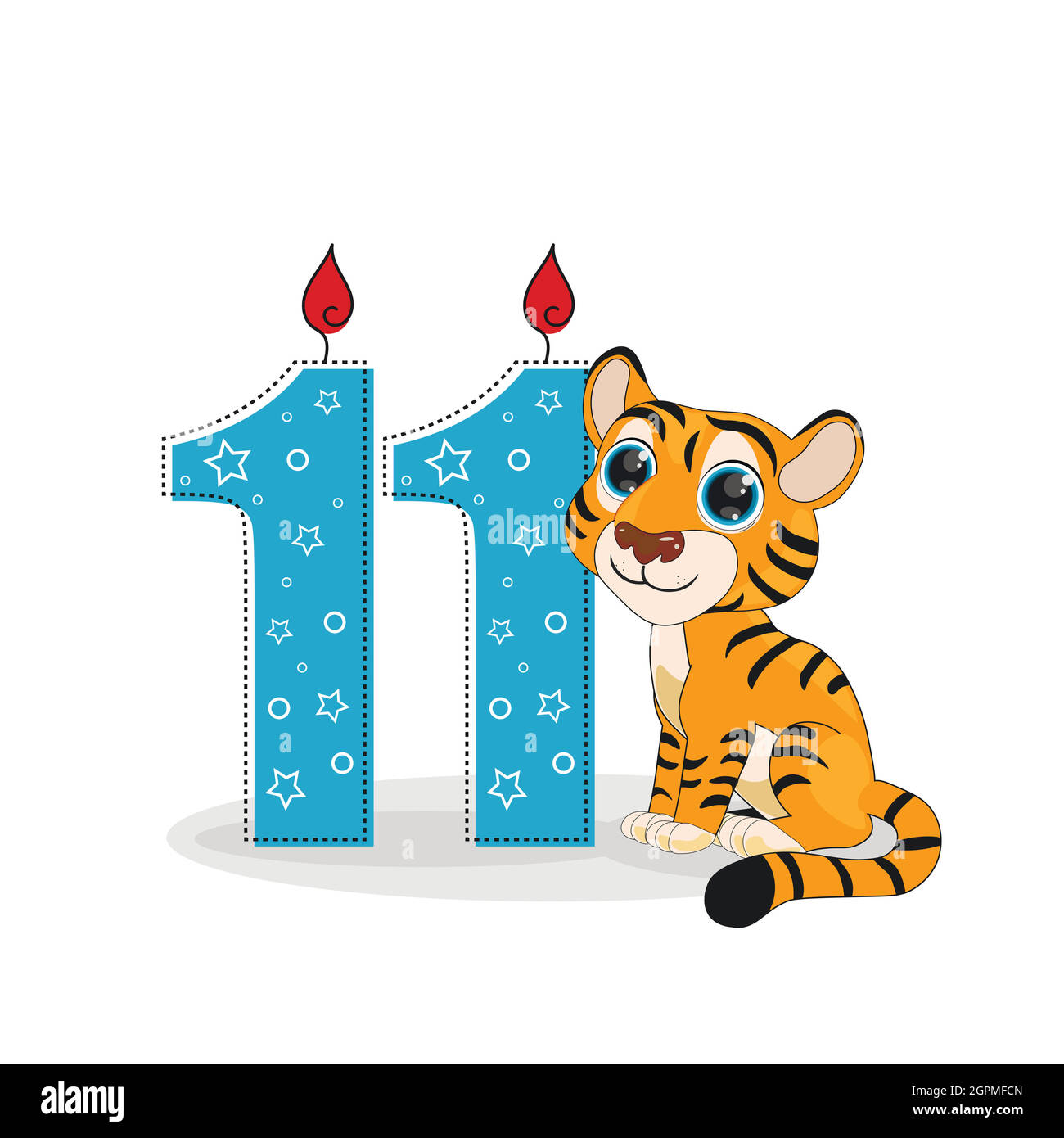 Cute cartoon tiger with number eleven vector illustration. Perfect for ...