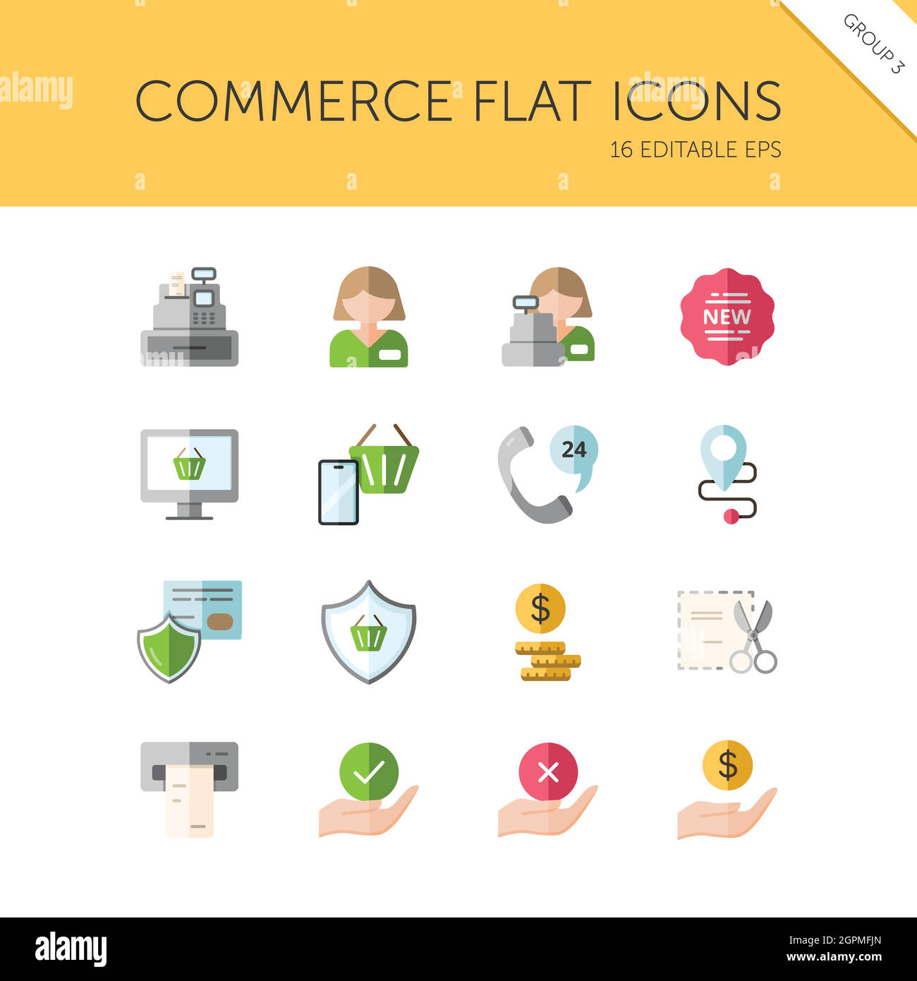 Commerce. People, cashier machine, phone, security, ticket, money and hands group. Color icon ...