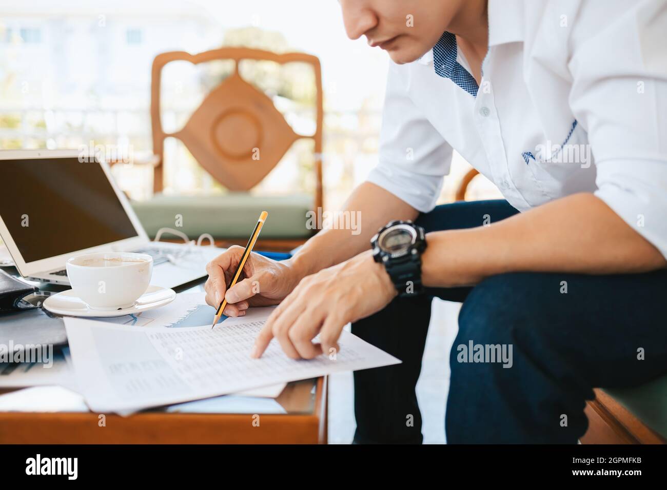 Administrator businessman making report, calculating balance. Business ...