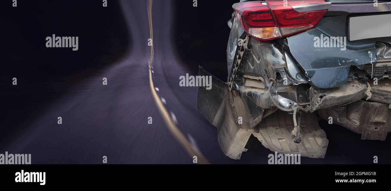 The back of a crashed car from an accident. Copy-space for text. BANNER ...