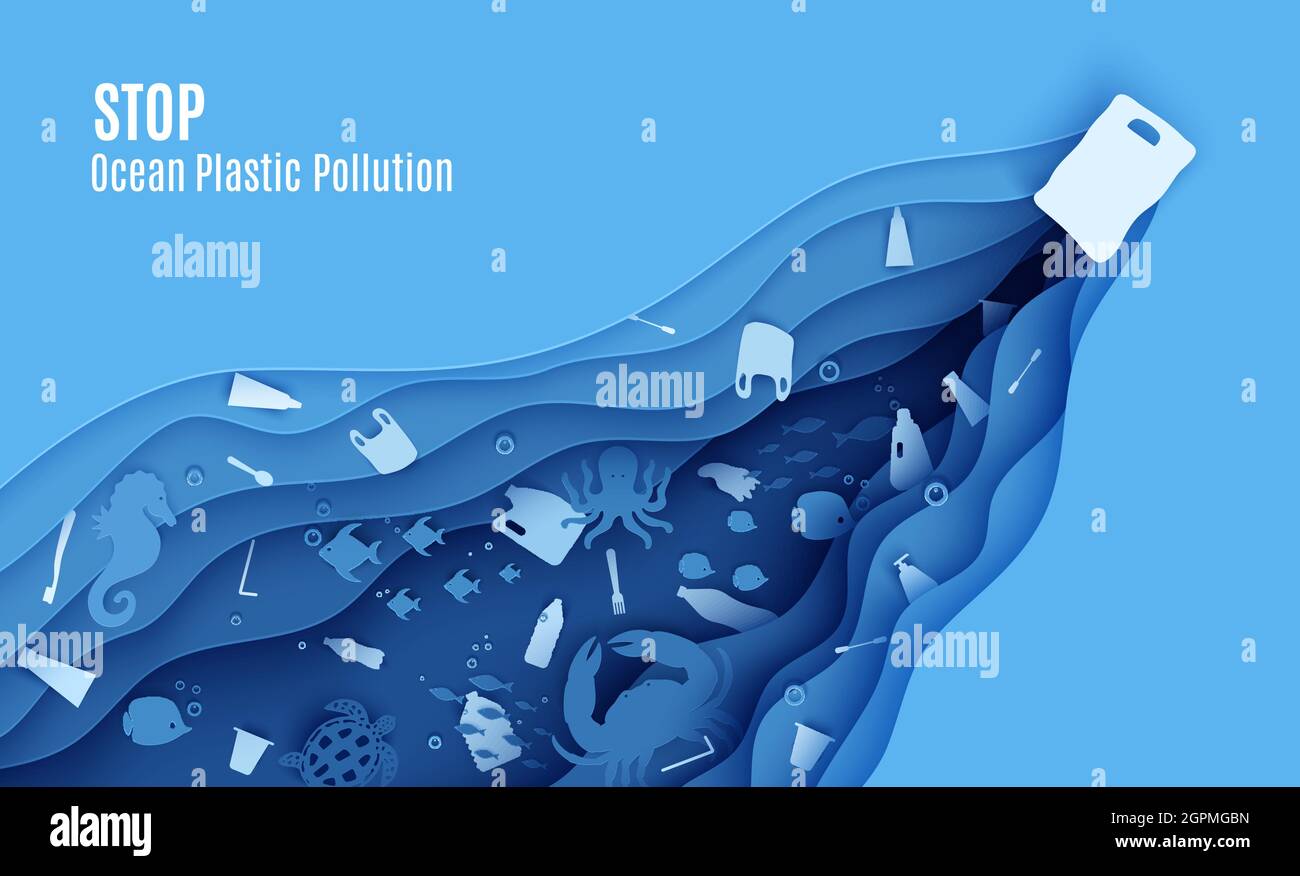 Stop ocean plastic pollution banner design template in paper cut style ...