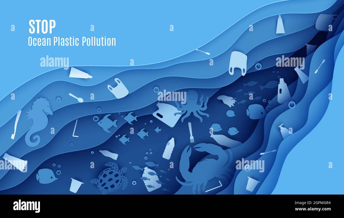 Stop ocean plastic pollution banner design template in paper cut style ...