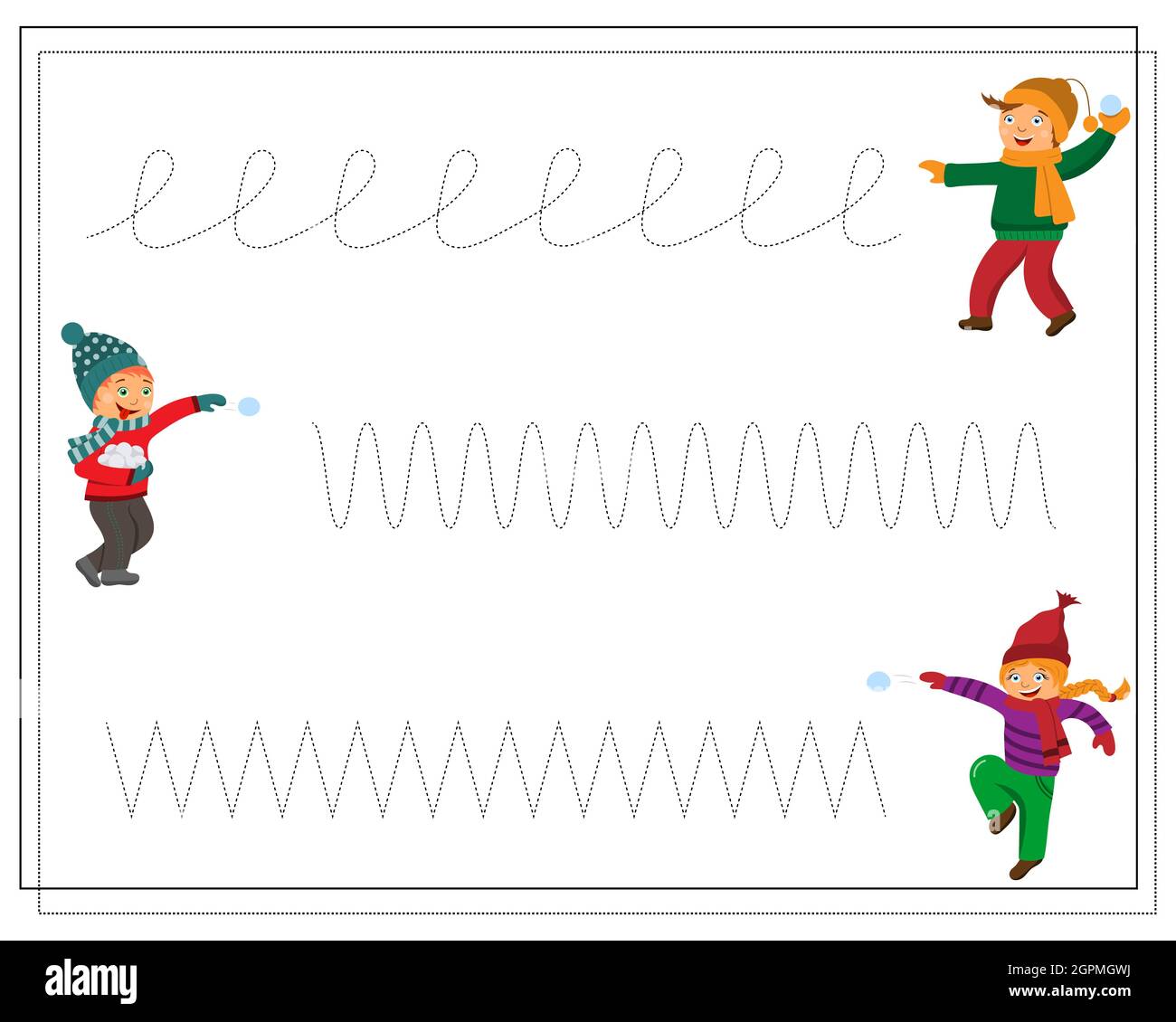 The handwriting practice worksheet. Children play snowballs, winter ...