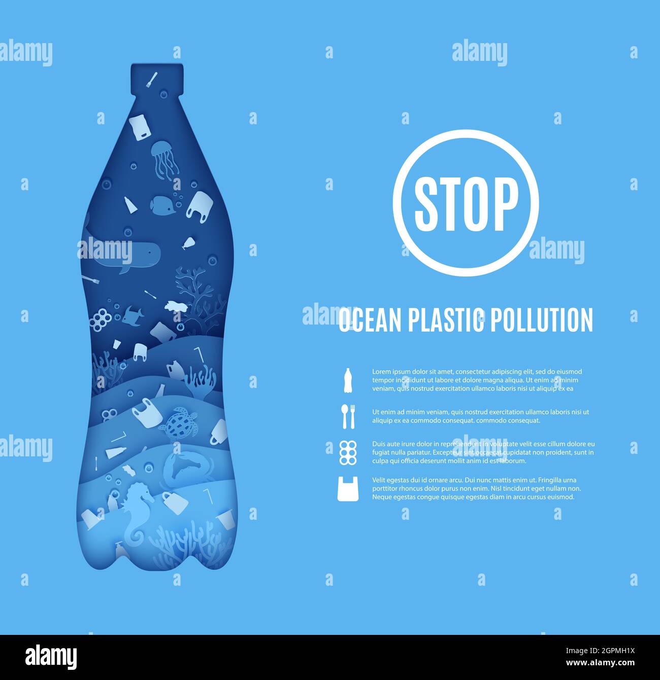 Stop ocean plastic pollution banner design template in paper cut style ...