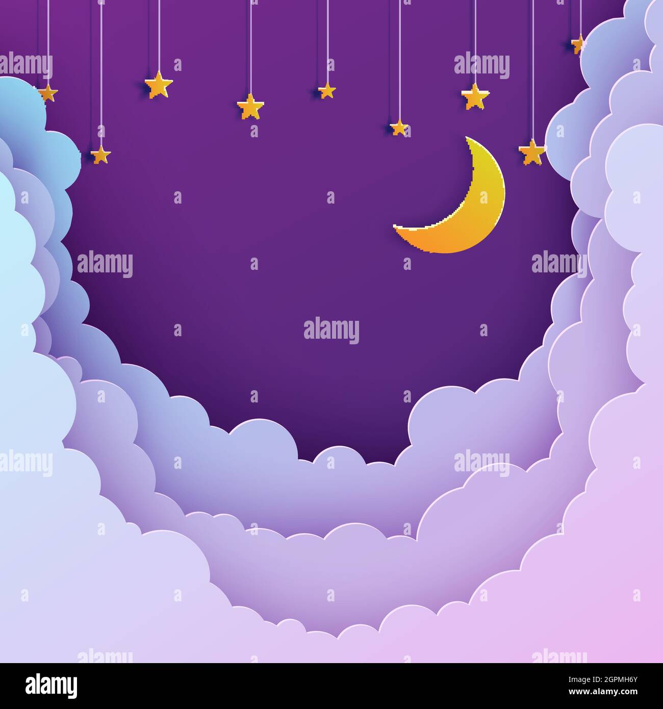Night sky in paper cut style. Cut out 3d background with violet and ...