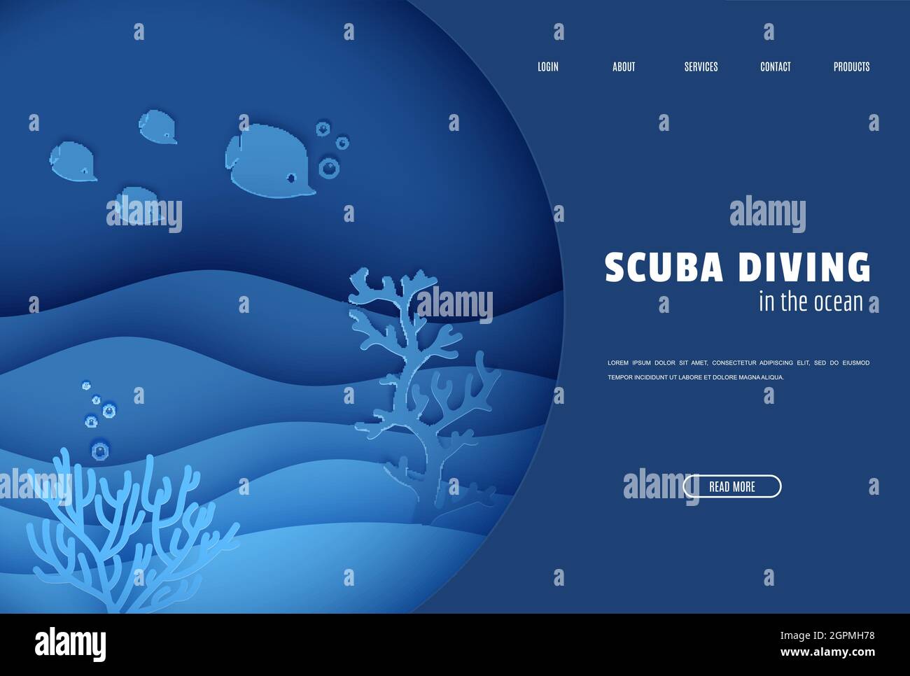 Web page design template in paper cut style underwater ocean underwater ...