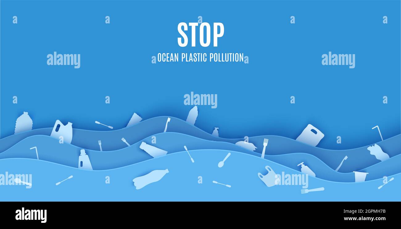 Stop ocean plastic pollution banner design template in paper cut style ...