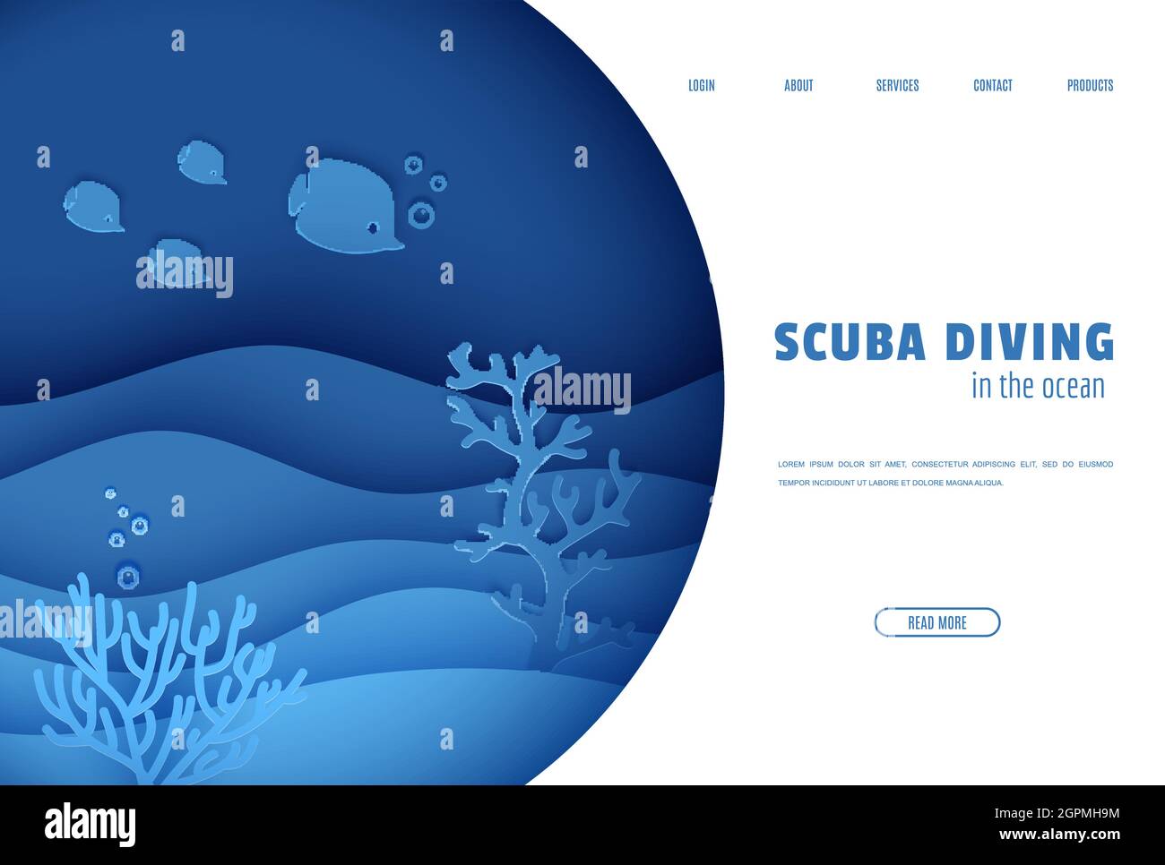 Web page design template in paper cut style underwater ocean underwater ...