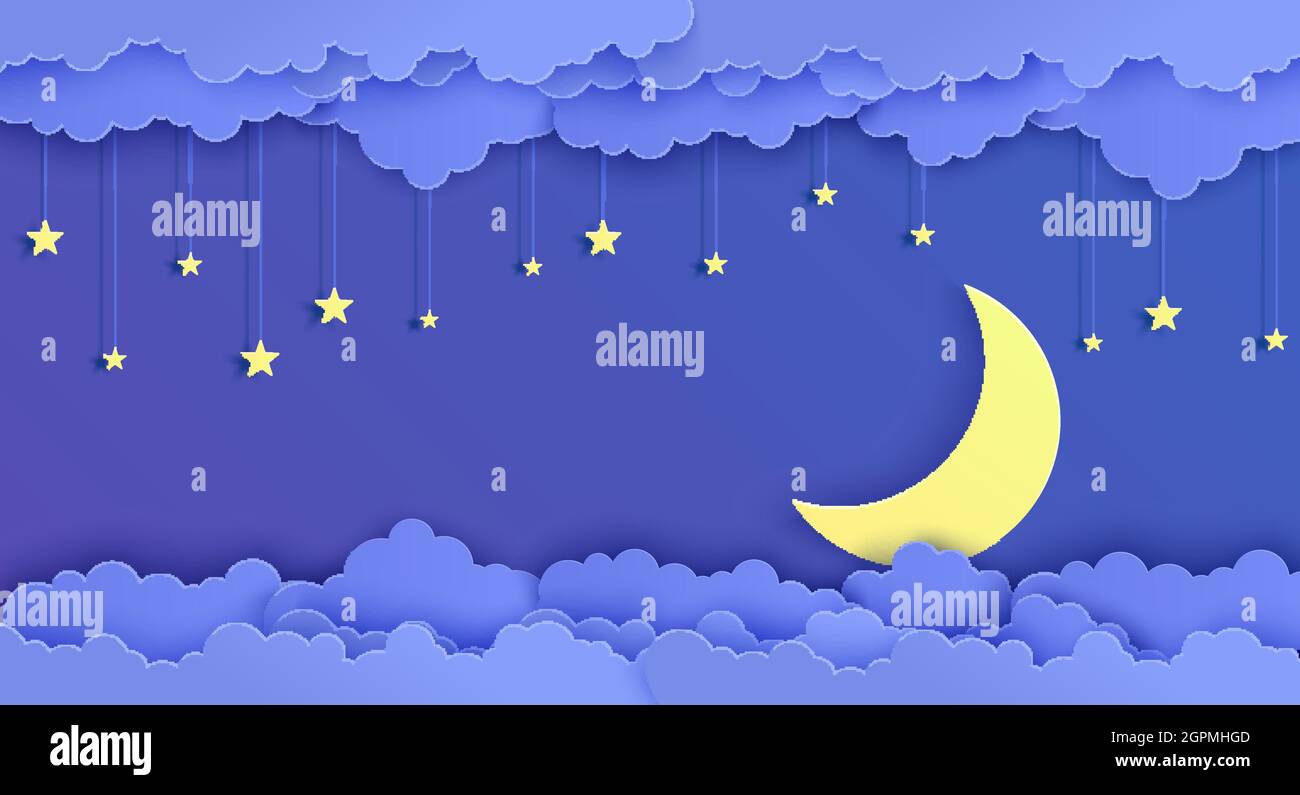 Night sky in paper cut style. 3d background with blue cloudy landscape ...