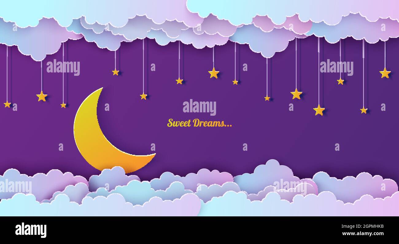 Night sky in paper cut style. Cut out 3d background with violet and ...