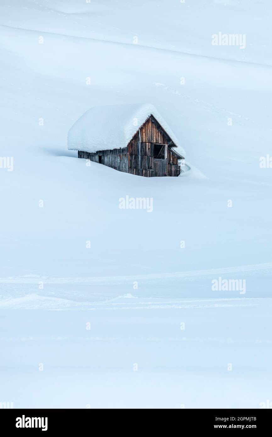 After the snowfall. Dusk on the Sappada plain. Magic of winter Stock ...