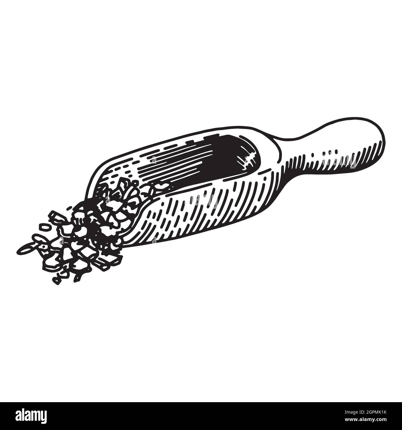 Wooden scoop with tea engraving. Beautiful measuring dishes in sketch ...