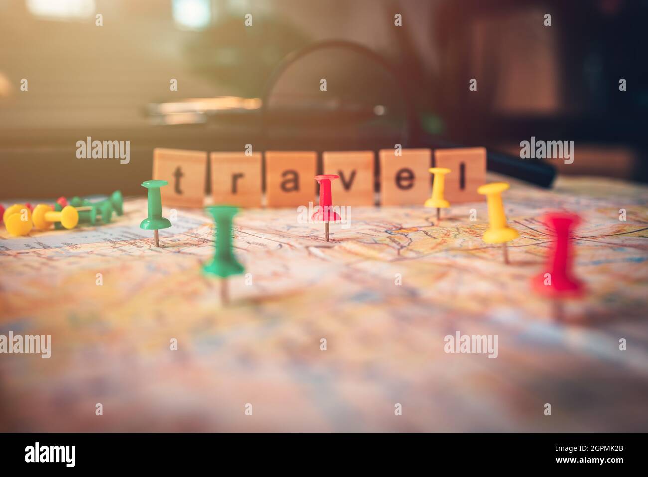 pins pinned on the map. pushpin showing the location of a destination ...