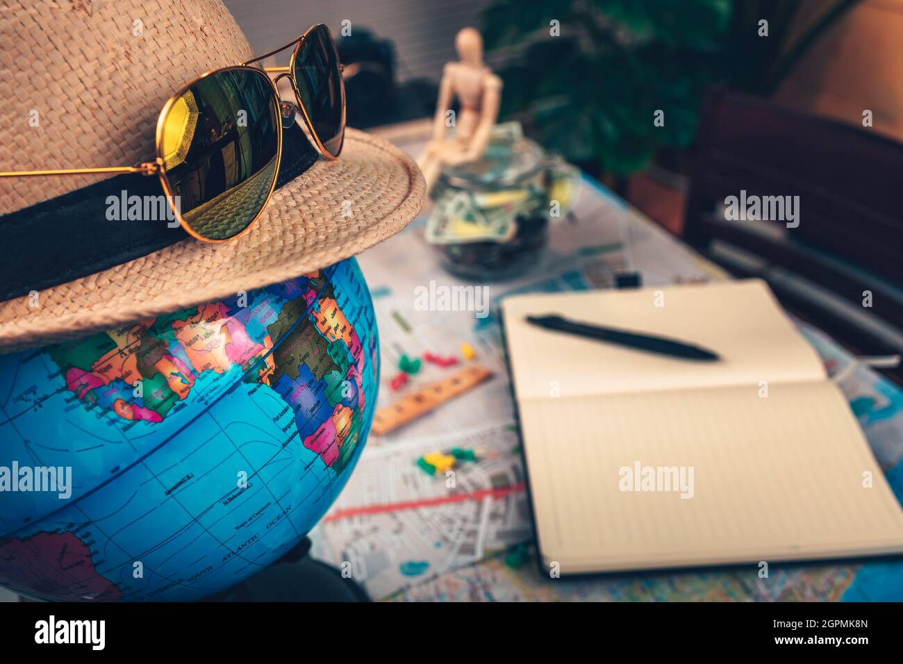 earth world globe wear straw hat and sun glasses. World travel concept ...