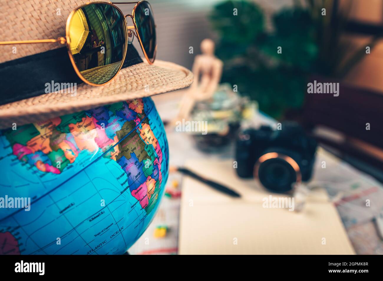 earth world globe wear straw hat and sun glasses. World travel concept ...