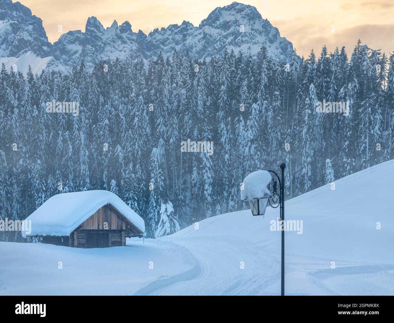 After the snowfall. Dusk on the Sappada plain. Magic of winter Stock ...